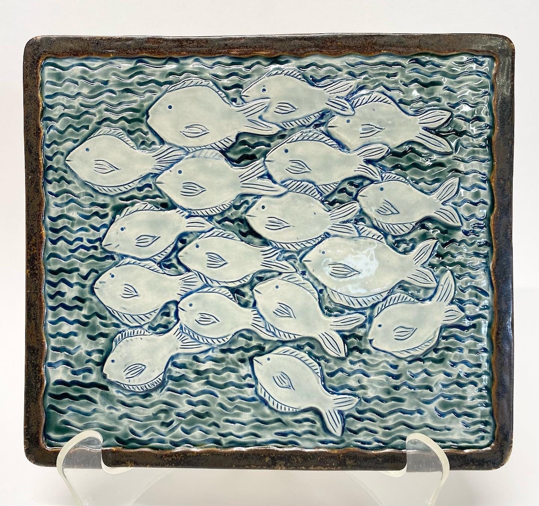 Sgraffito Hand Sculpted Stoneware Pottery Ceramic Art Tile Wall Plaque ...