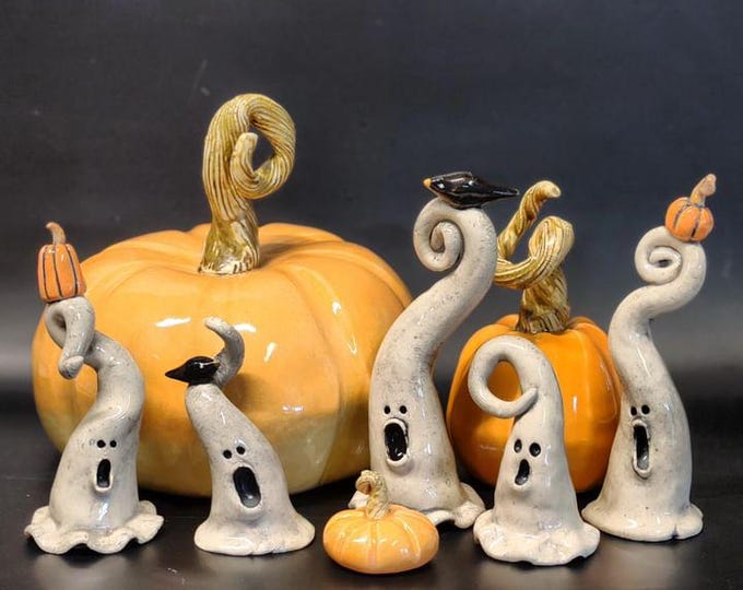 Hand Made Ceramic Clay Small Ghost Figurine Some With Pumpkin or Crow ...