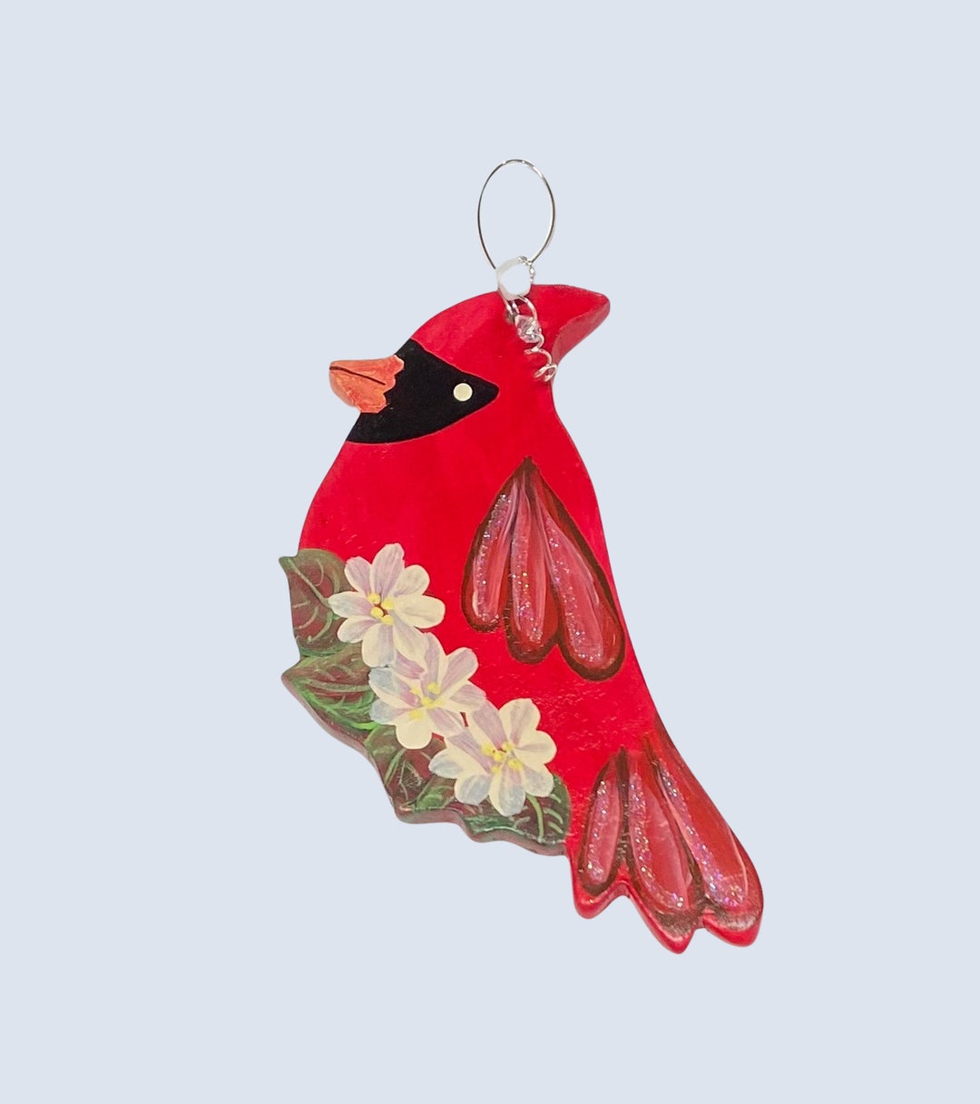 Hand Made Stoneware Pottery Cardinal & White Flowers Ornament Wall ...