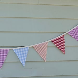 Vintage Picnic Gingham Banner Bunting, Fabric Garland Flags, Blue ...