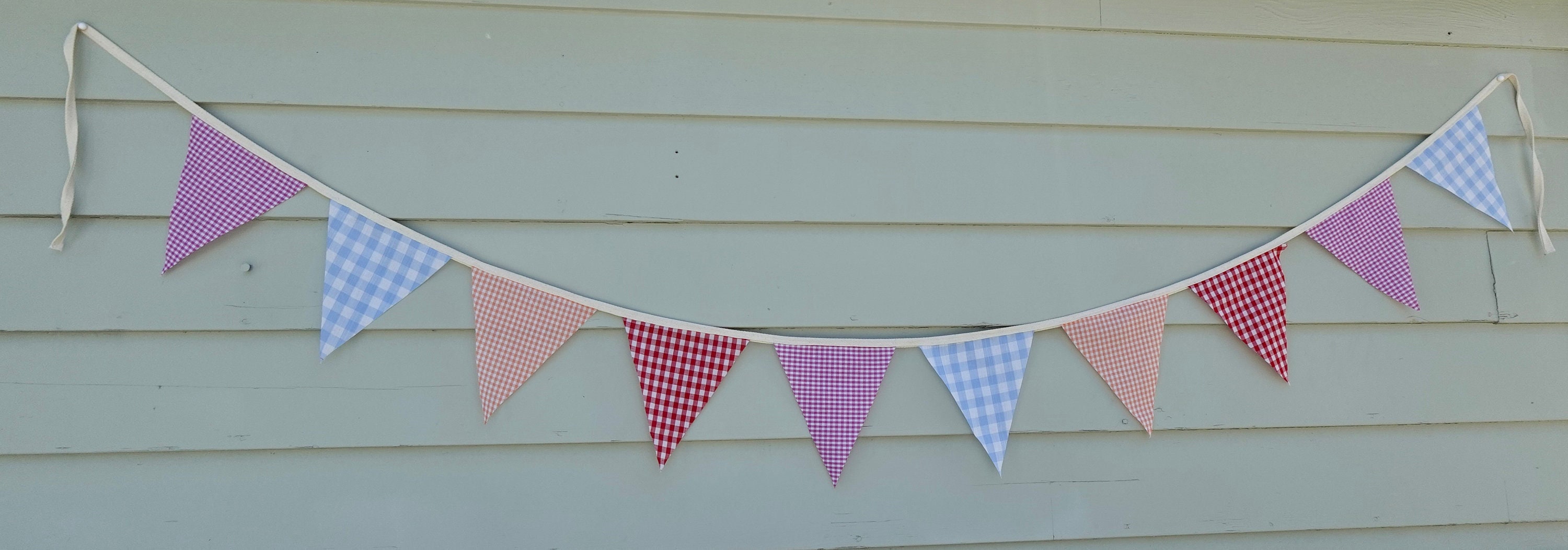 Vintage Picnic Gingham Banner Bunting, Fabric Garland Flags, Blue ...