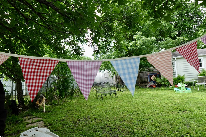 Vintage Picnic Gingham Banner Bunting, Fabric Garland Flags, Blue ...
