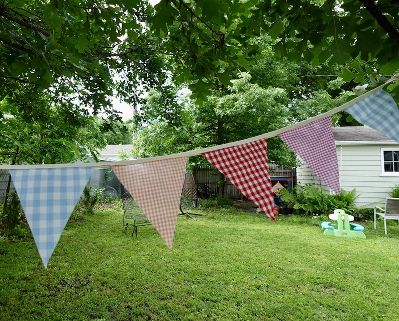 Vintage Picnic Gingham Banner Bunting, Fabric Garland Flags, Blue ...