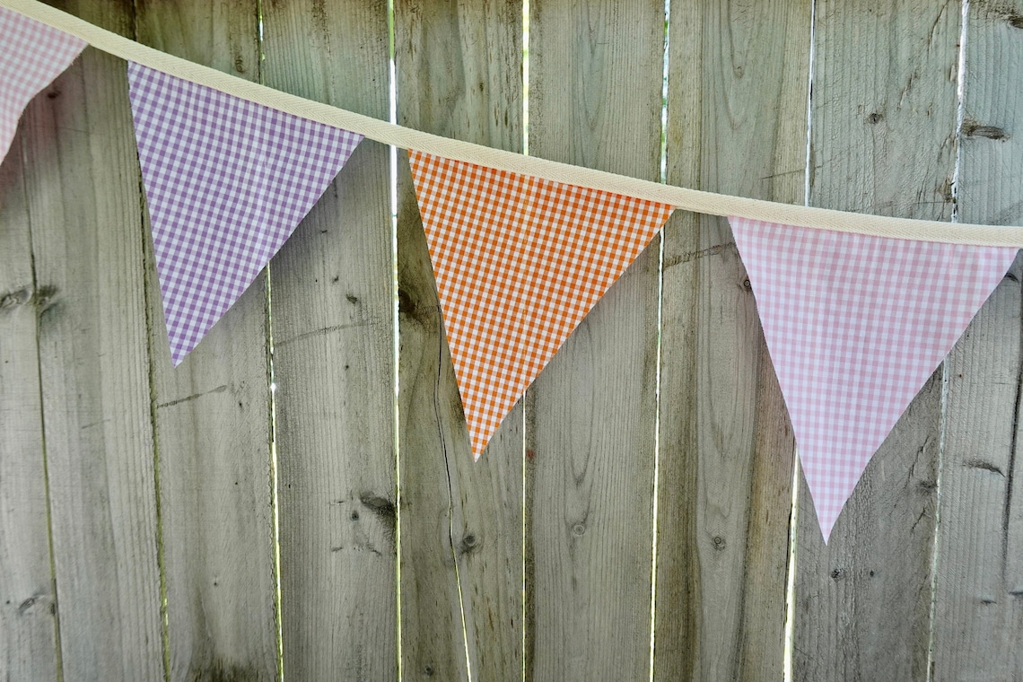 Vintage Picnic Gingham Banner Bunting, Fabric Garland Flags, Orange ...