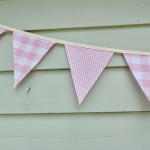 Vintage Picnic Gingham Banner Bunting, Fabric Garland Flags, Pink, Girl ...