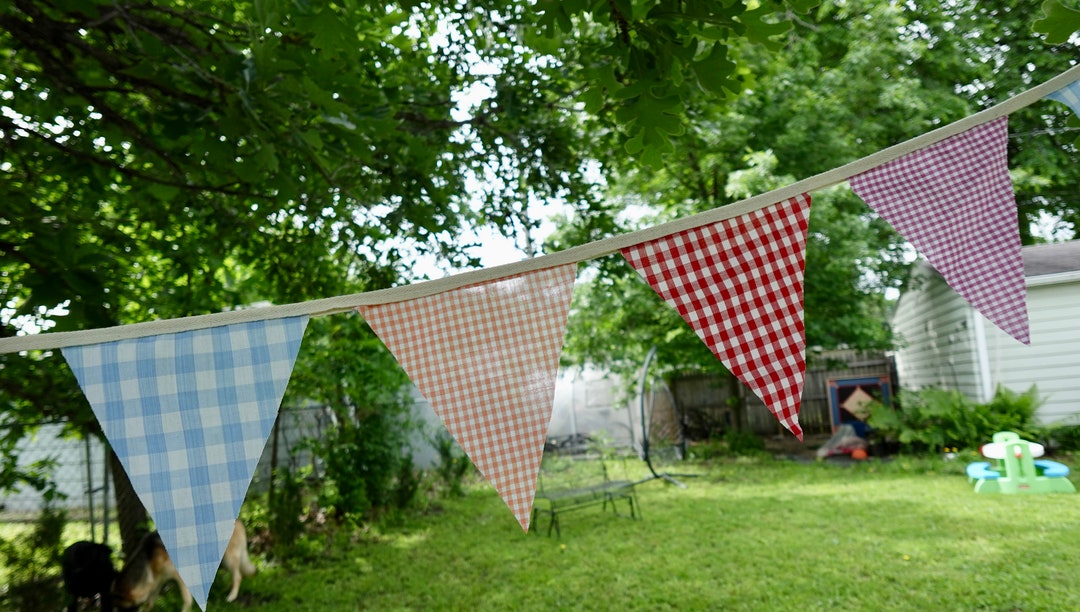 Vintage Picnic Gingham Banner Bunting, Fabric Garland Flags, Blue ...