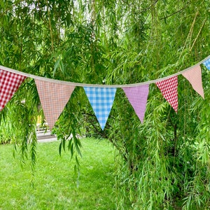 Vintage Picnic Gingham Banner Bunting, Fabric Garland Flags, Blue ...