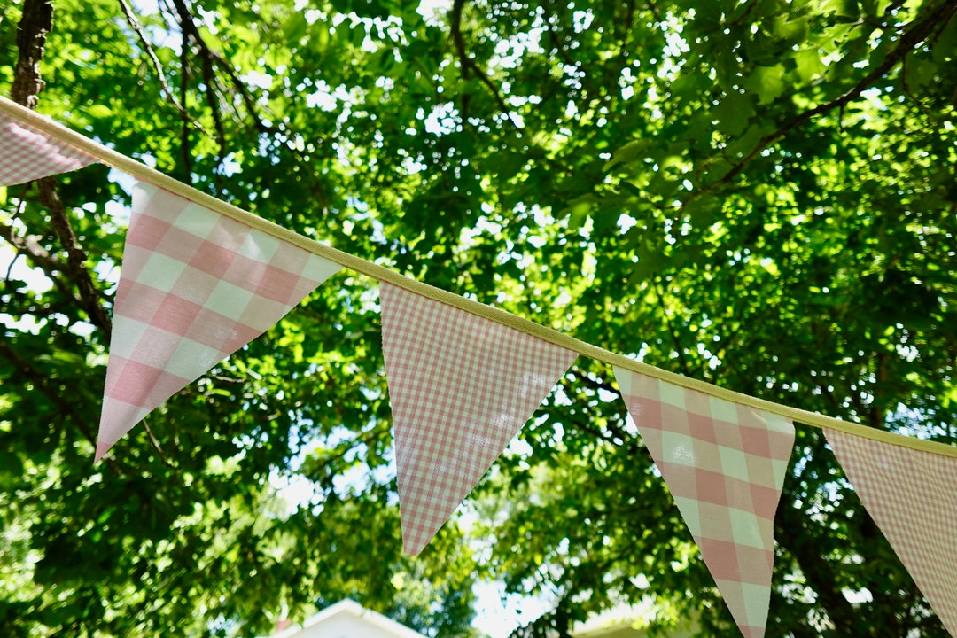 Vintage Picnic Gingham Banner Bunting, Fabric Garland Flags, Pink, Girl ...