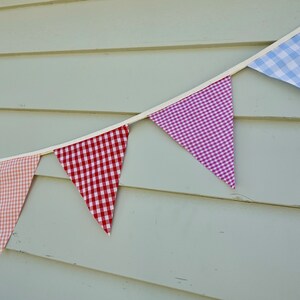 Vintage Picnic Gingham Banner Bunting, Fabric Garland Flags, Blue ...