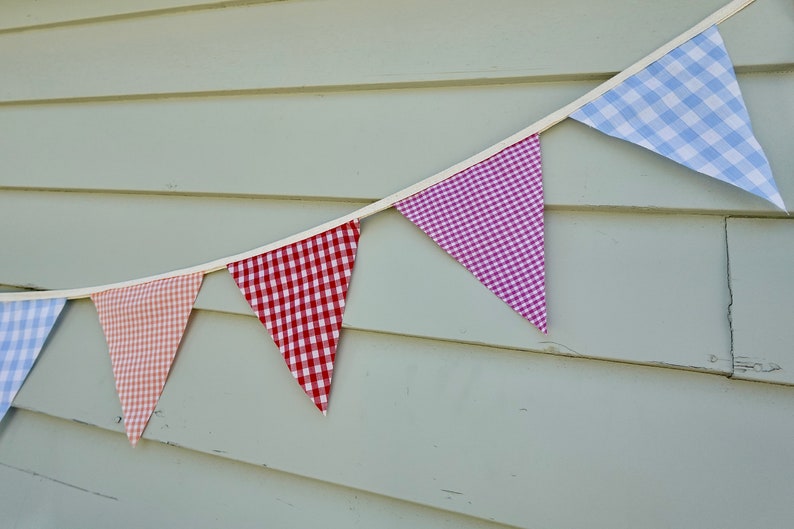 Vintage Picnic Gingham Banner Bunting, Fabric Garland Flags, Blue ...