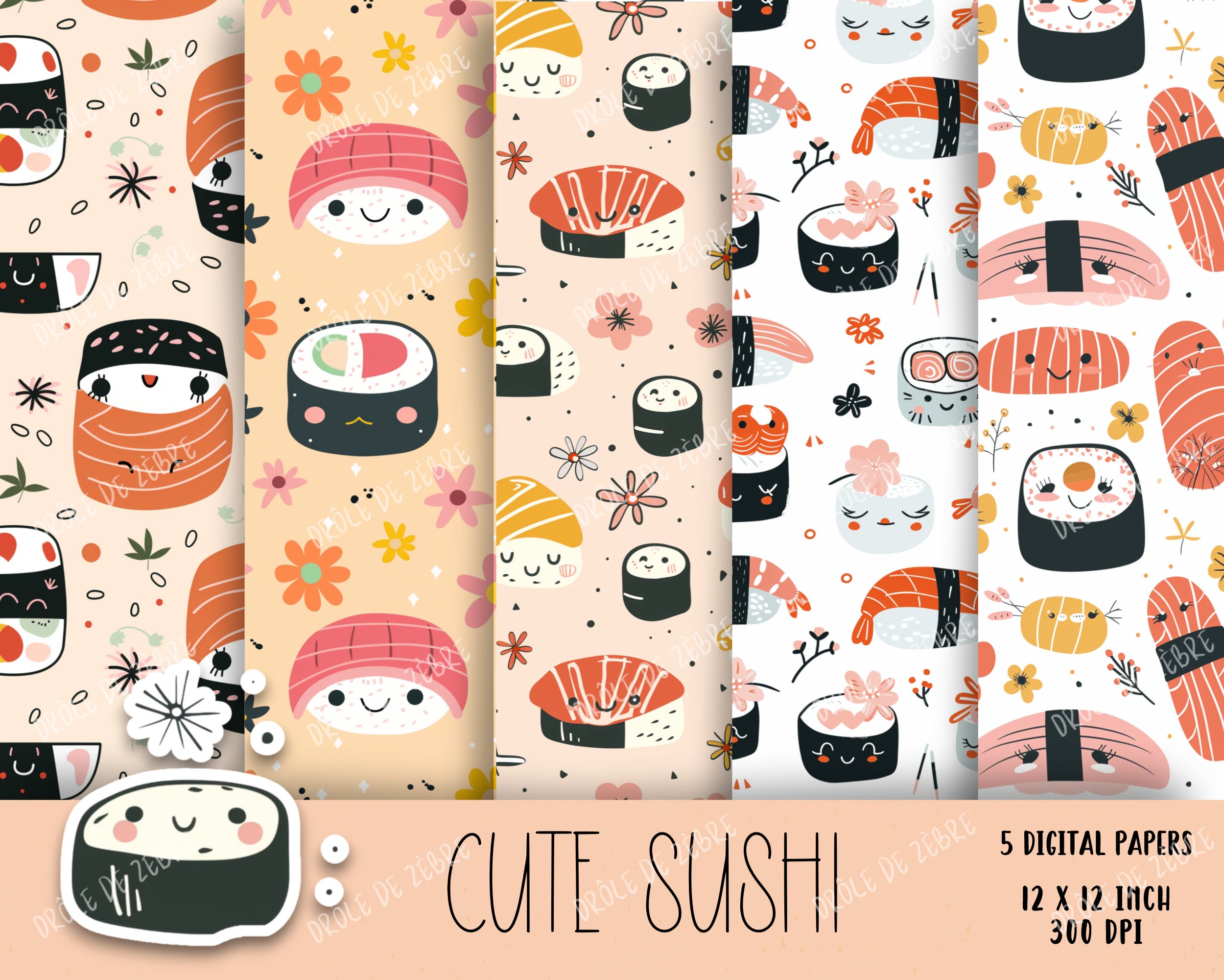Seamless Digital Paper Cute Sushi PNG and JPG Formats, for Commercial ...