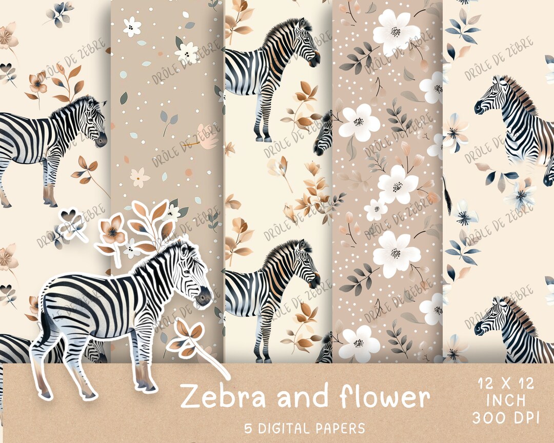 Zebra 5 Digital Papers With Watercolor Patterns of Zebra and Flower, in ...