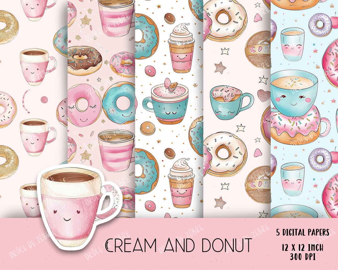 Donut 5 Digital Papers With Cream and Donut Patterns, in PNG and JPG ...
