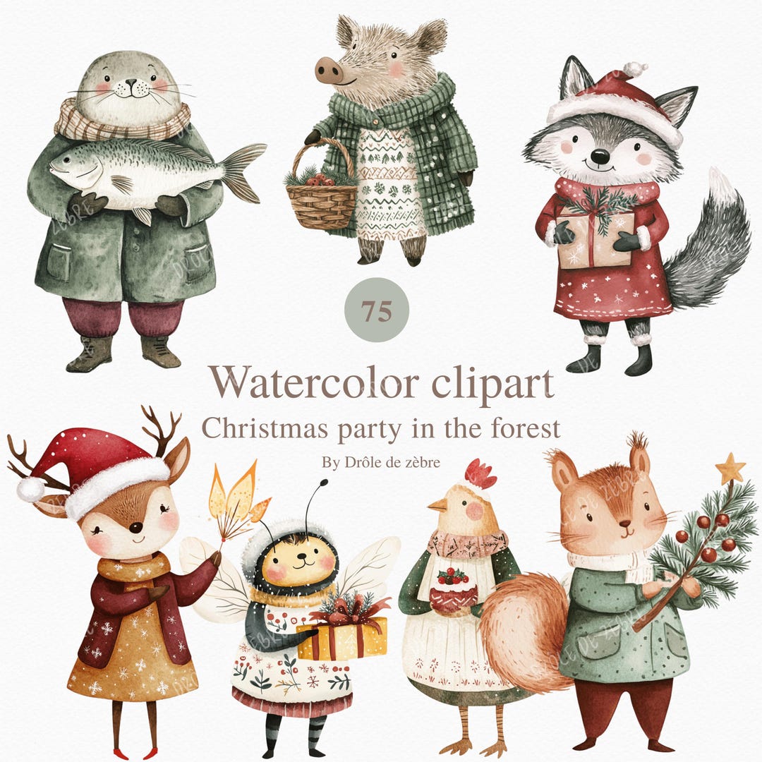 Watercolor Animals Clipart, Christmas PNG, Instant Download for ...