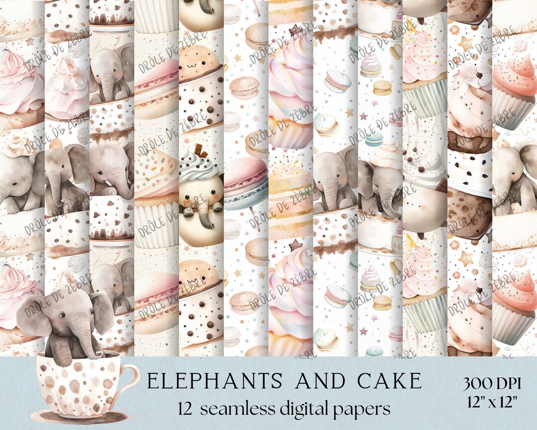 12 Seamless Elephants and Cakes, Jpg, Png, Digital Papers, for Kids and ...