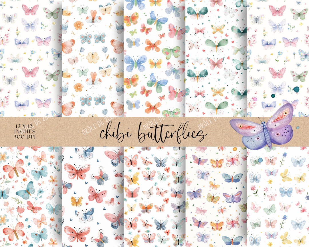 Butterfly Digital Paper Seamless Chibi Butterflies Watercolor, in JPG ...