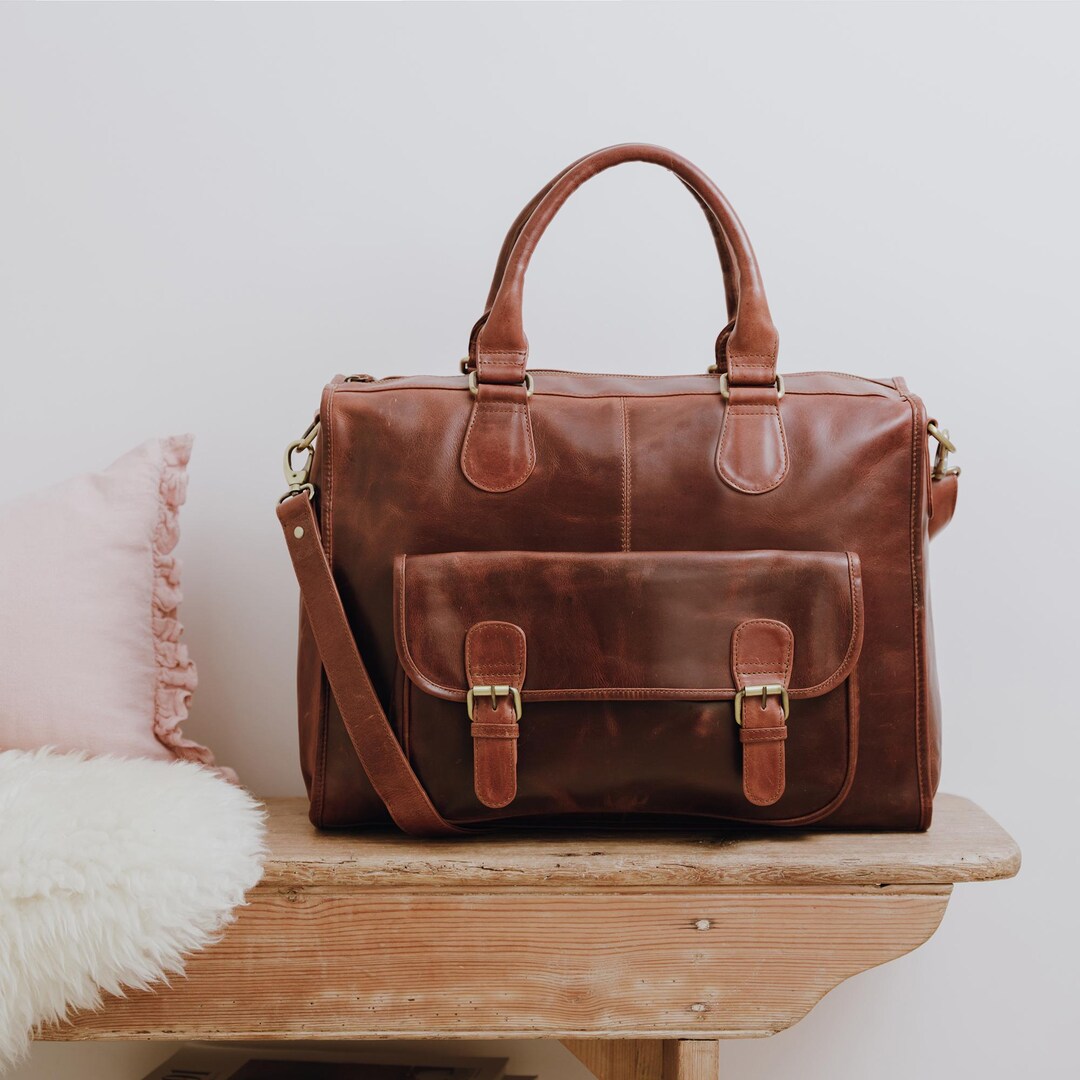 Leather Diaper Bag, Multifunctional Travel Tote, Brown Overnight Bag ...
