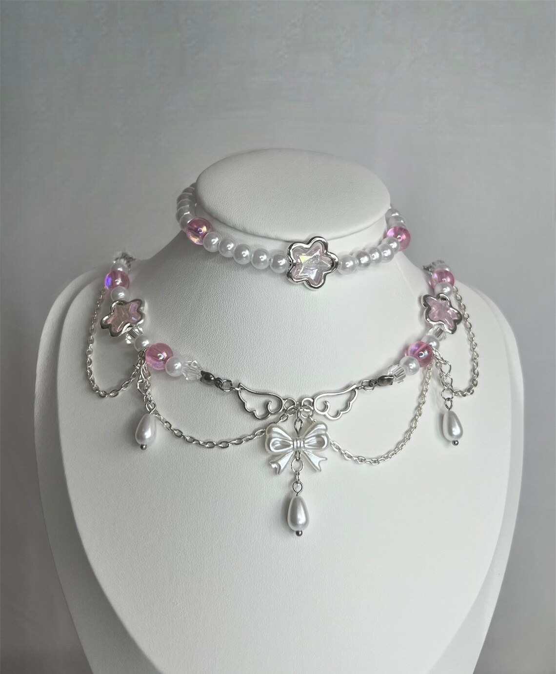 Elegant Pink Neckalce, Cute Pearl Jewlery, Angel Wing Charms, Pearl ...