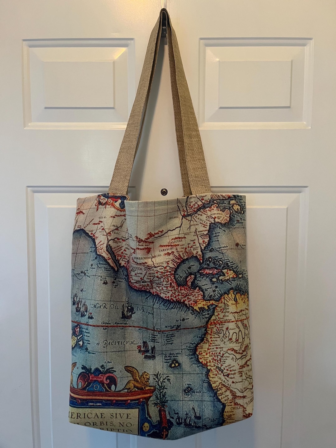 Upcycled Tote Bag / Reusable Bag / World Map / Tan / Pockets ...