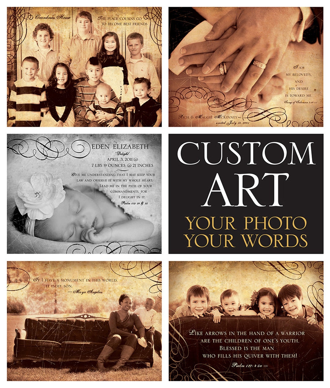 Custom Personalized Photo Art Wedding Photo Vows Baby Photo Text Family ...