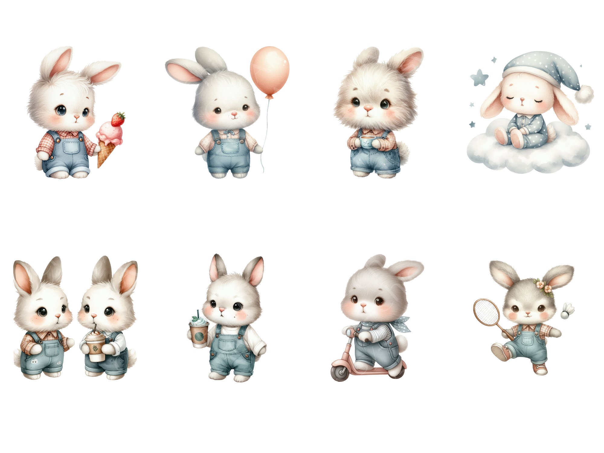 Watercolor Boho Baby Bunny Clipart 21 PNG, Baby Animals, Boho Animals ...
