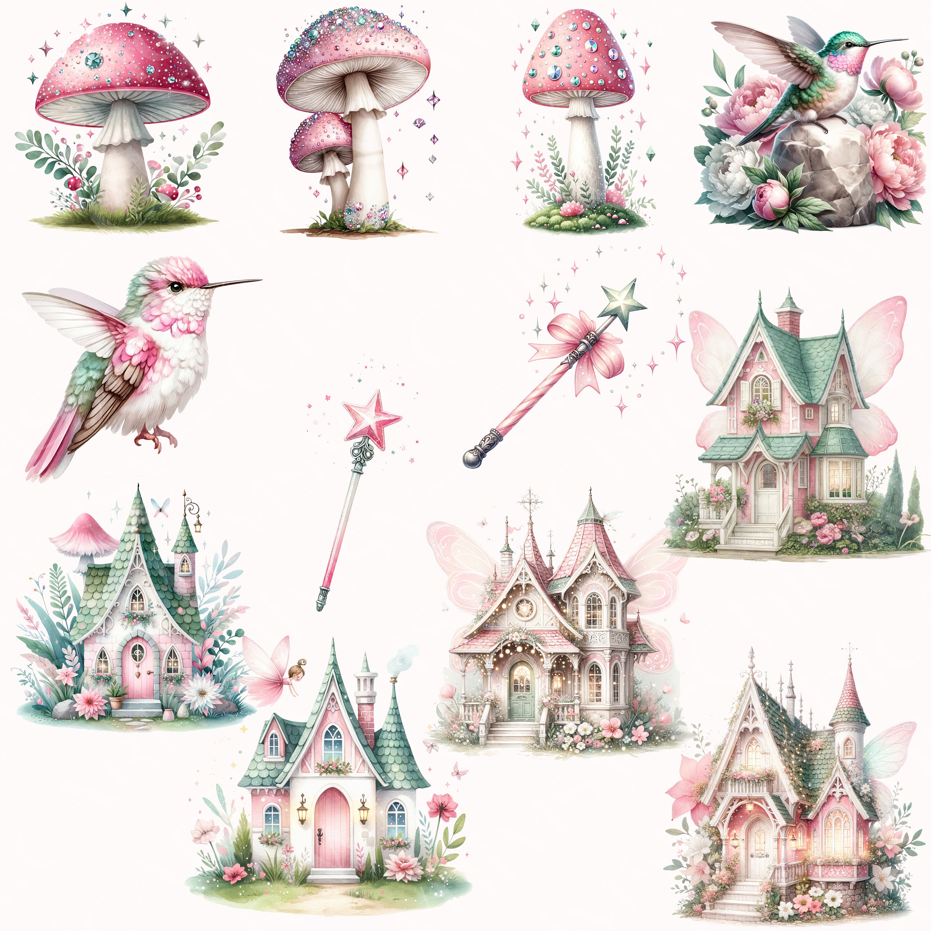 Watercolor Boho Chibi Fairyland Clipart 43 PNG, Fairy Garden, Mushroom ...