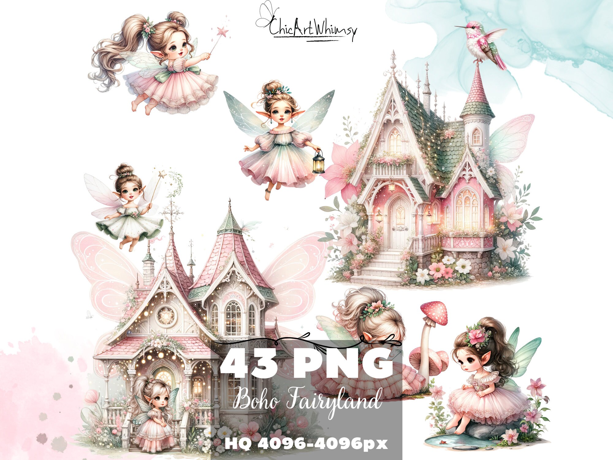 Watercolor Boho Chibi Fairyland Clipart 43 PNG, Fairy Garden, Mushroom ...