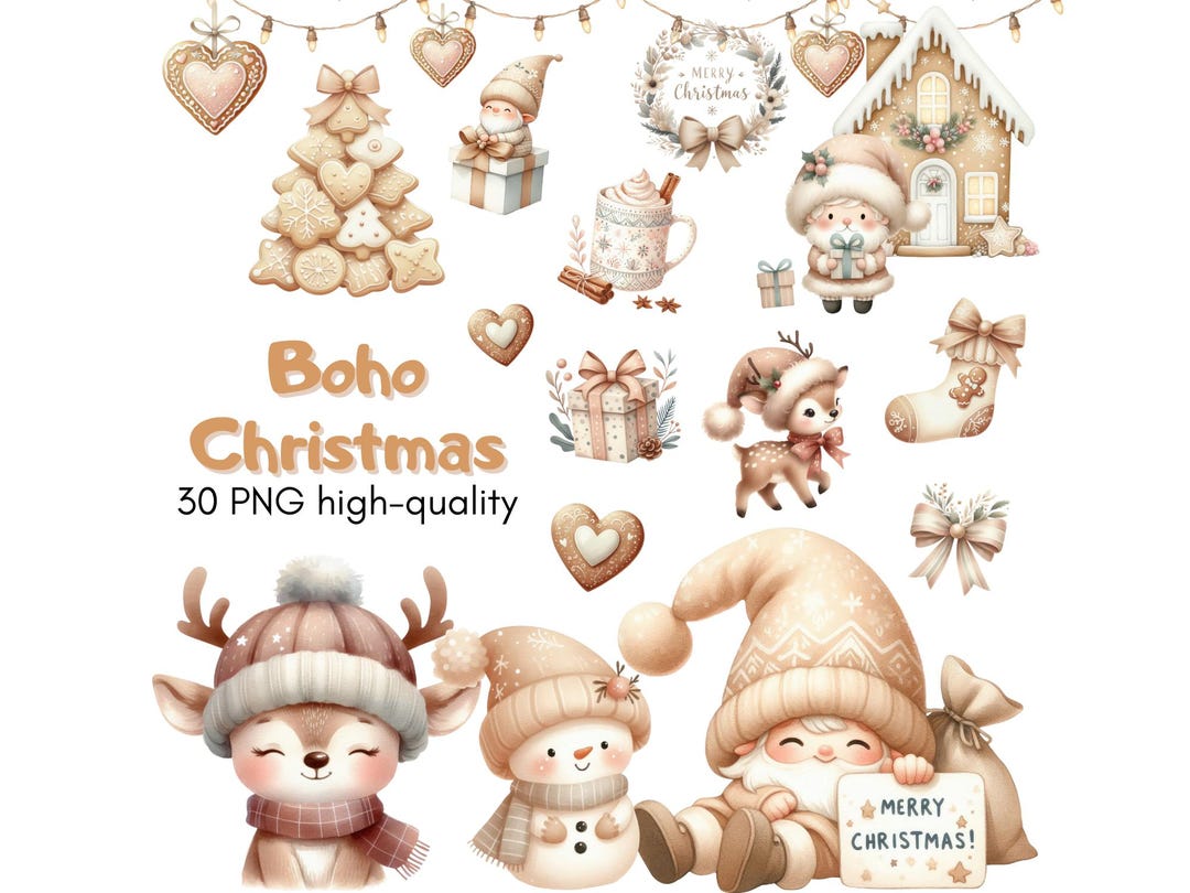 Watercolor Boho Christmas 30 Clipart, Neutral Christmas, Boho Xmas ...