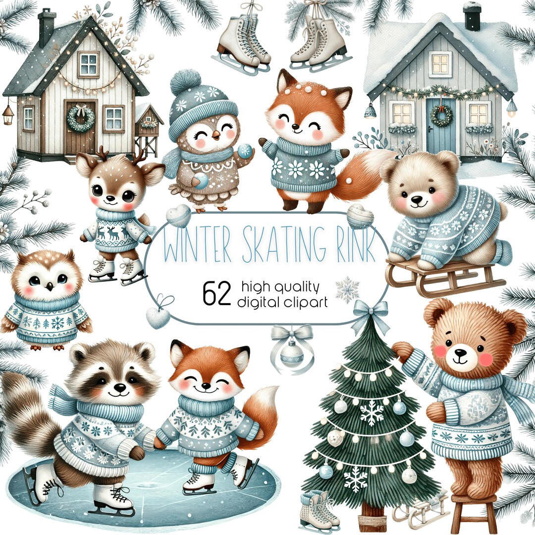 Watercolor Winter Skating Rink, Woodland Animals, Winter Baby Animals ...