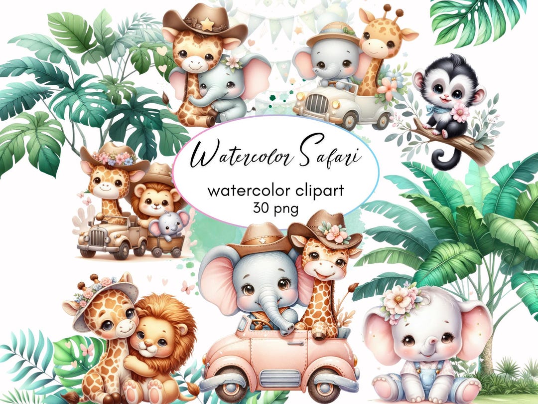 Watercolor Cute Safari Clipart 30 PNG, Safari Animals Clipart, Jungle ...