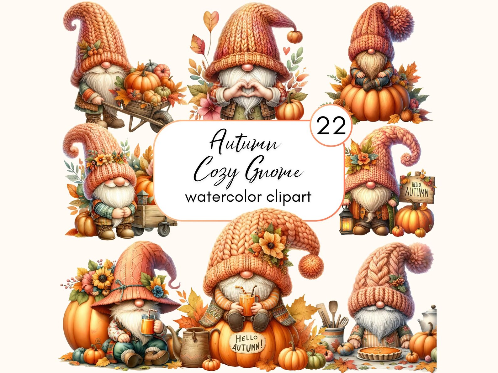 Watercolor Hello Fall Gnome Clipart PNG Bundle, Fall Gnome PNG, Autumn ...