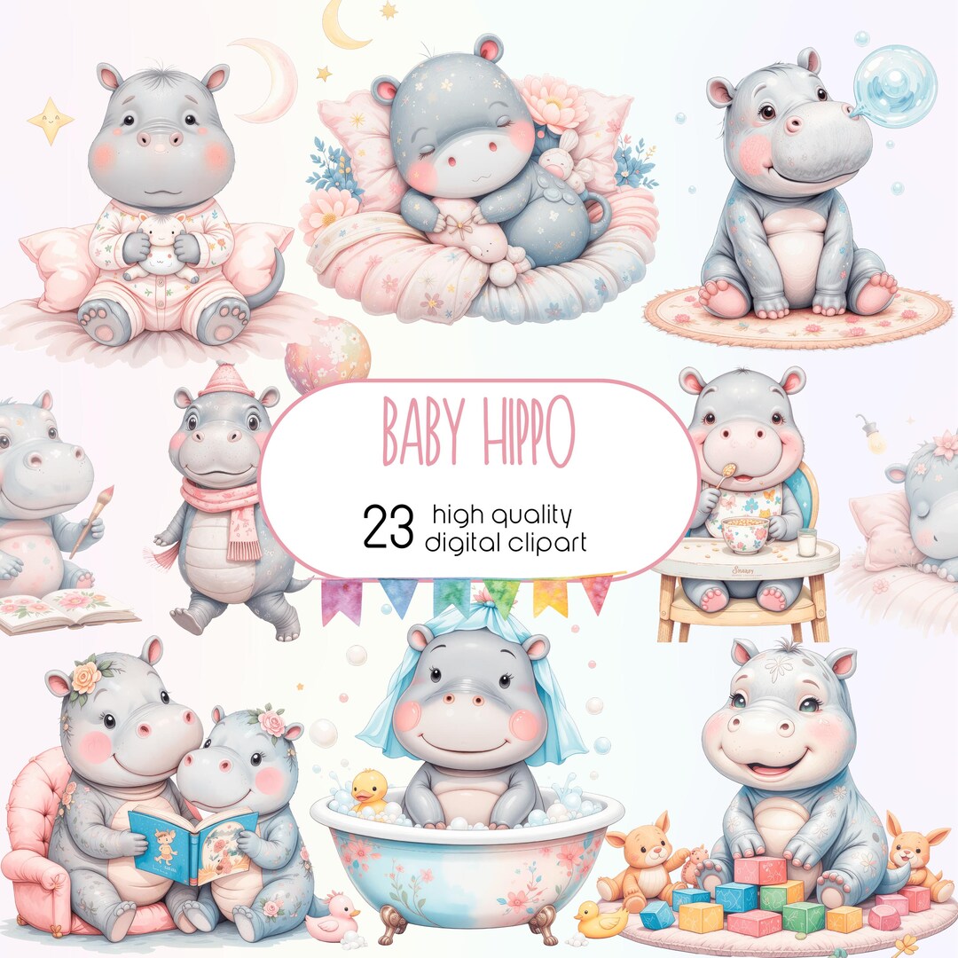 Watercolor Baby Hippo Clipart, Nursery Decor, Baby Shower, Watercolor ...