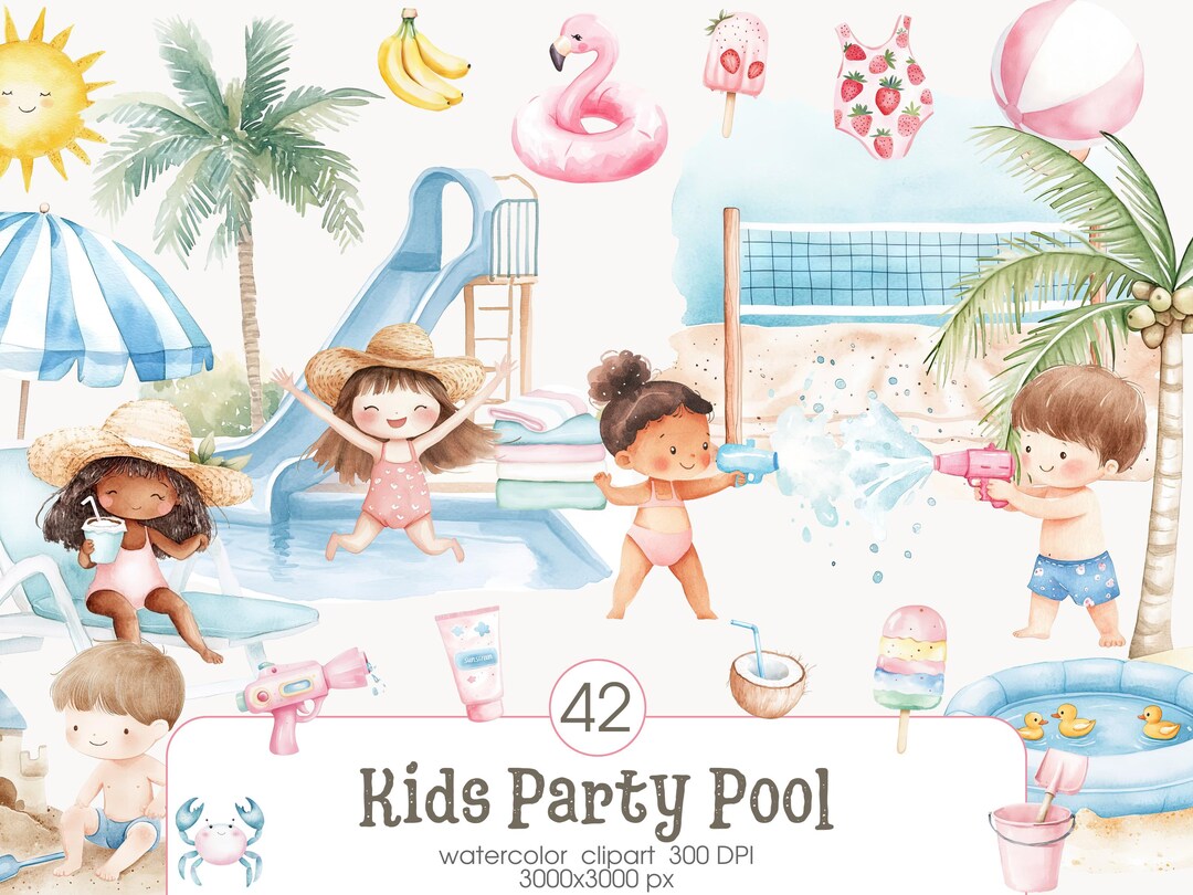 Pool Party Clipart, Beach Summer, Fun Cute Kids, Cocktails Ice-cream ...