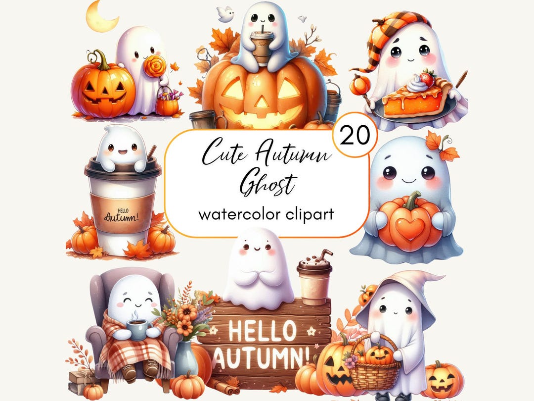 Watercolor Cute Autumn Ghost 20 Clipart, Halloween Clipart Bundle, Cute ...