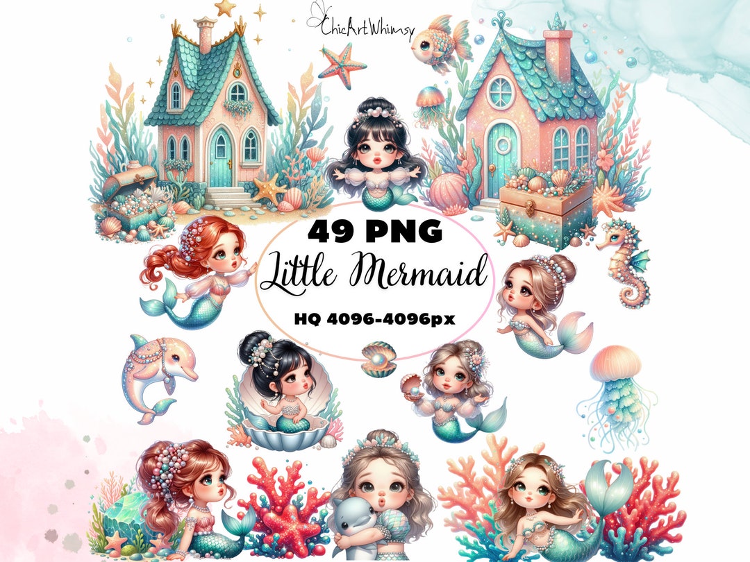Watercolor Little Mermaid Clipart 49 PNG, Mermaid Clipart Bundle, Watercolor Cute Mermaid ...
