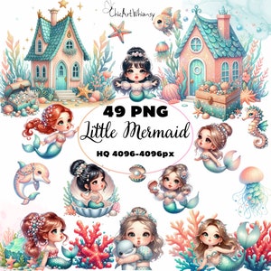 Watercolor Little Mermaid Clipart 49 PNG, Mermaid Clipart Bundle ...