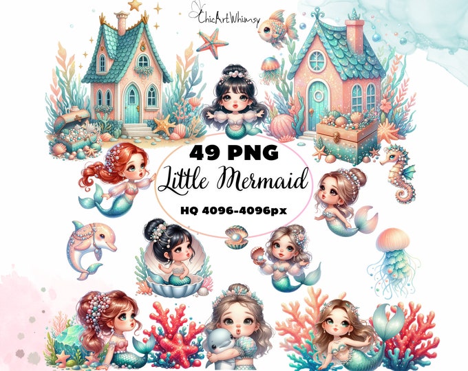 Watercolor Little Mermaid Clipart 49 PNG, Mermaid Clipart Bundle ...