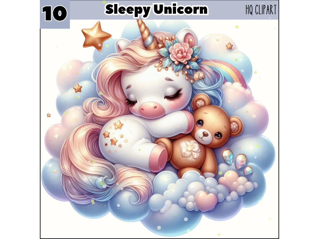 Sleepy Unicorn Watercolor 10 Clipart, Unicorn Сlip Art, Cute Unicorn ...