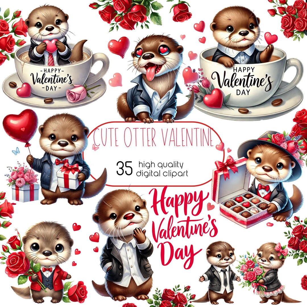 Watercolor Little Otter, Cute Otter Valentine, Valentines Day, Romantic ...