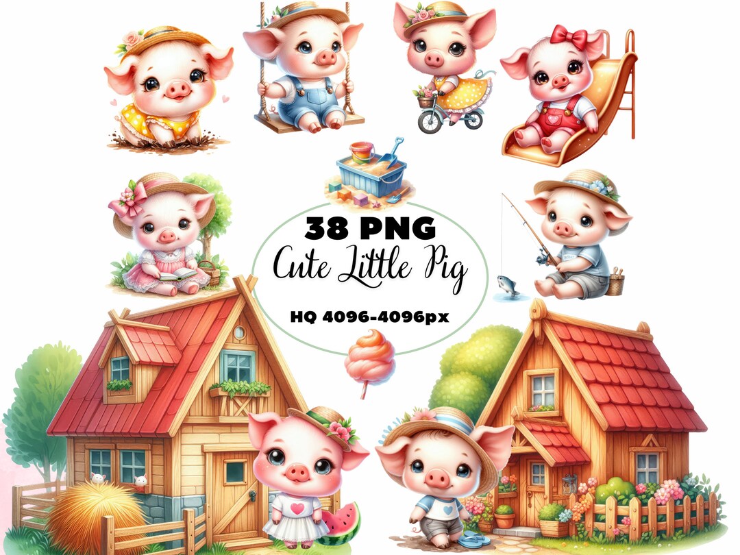 Watercolor Farm Baby Pig Clipart 38 PNG, Pink Pig Clipart, Farm Baby ...