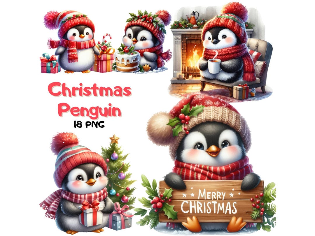 Watercolor Christmas Penguin 18 Clipart, Winter Penguin, Christmas ...