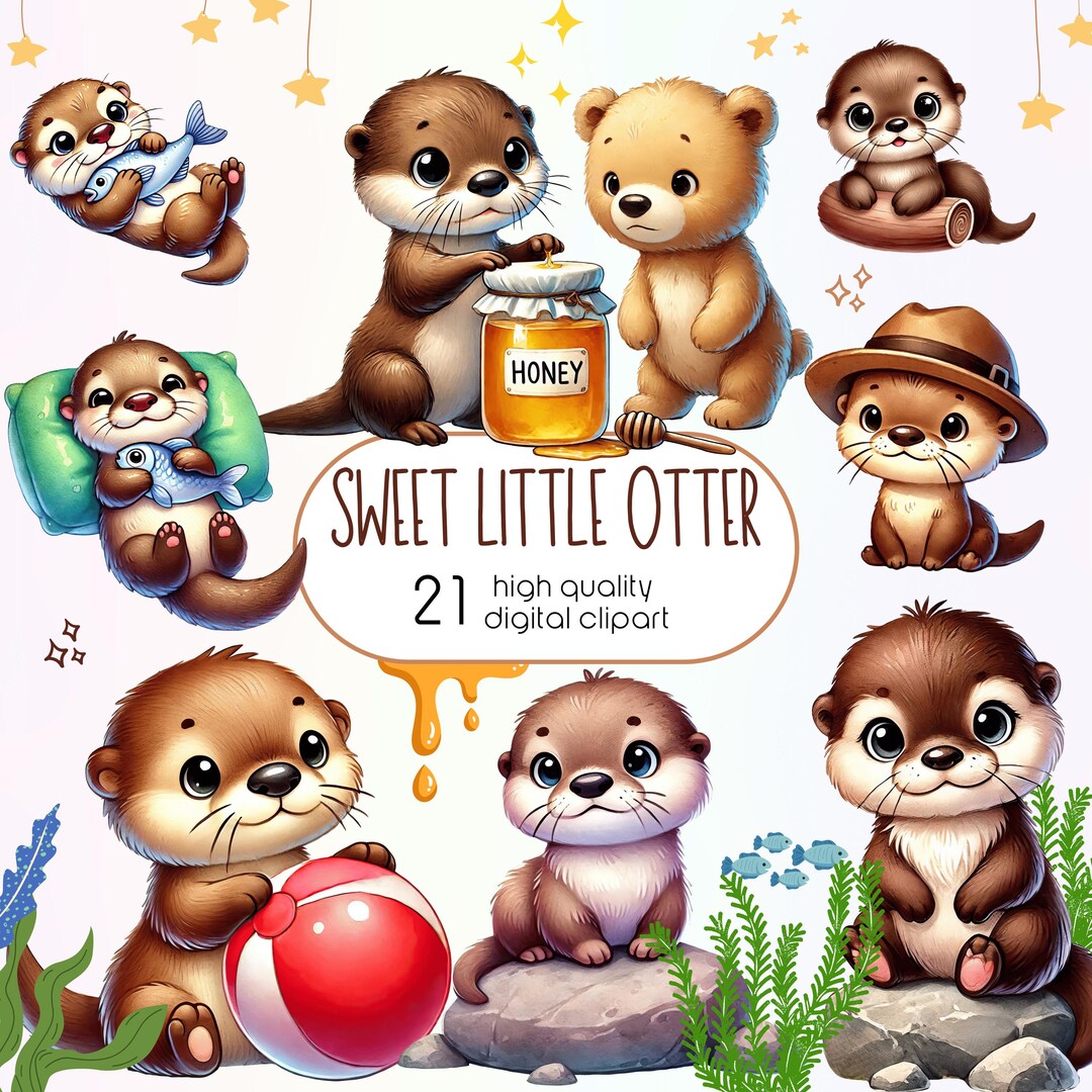 Watercolor Sweet Little Otter Clipart, Cute Otter, Baby Animals ...