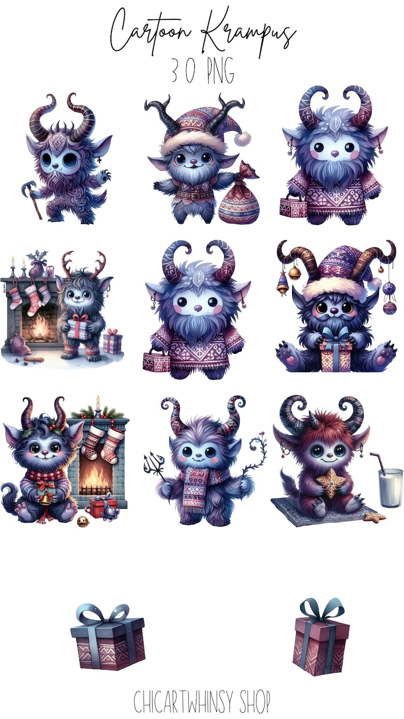 Watercolor Cartoon Krampus Clipart, Christmas Krampus, Cartoon Krampus ...