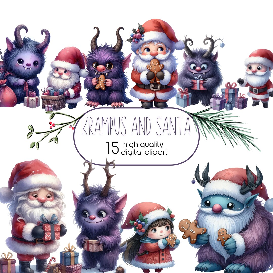 Watercolor Krampus and Santa Clipart, Christmas Krampus, Cartoon Krampus, Xmas Santa Bundle ...