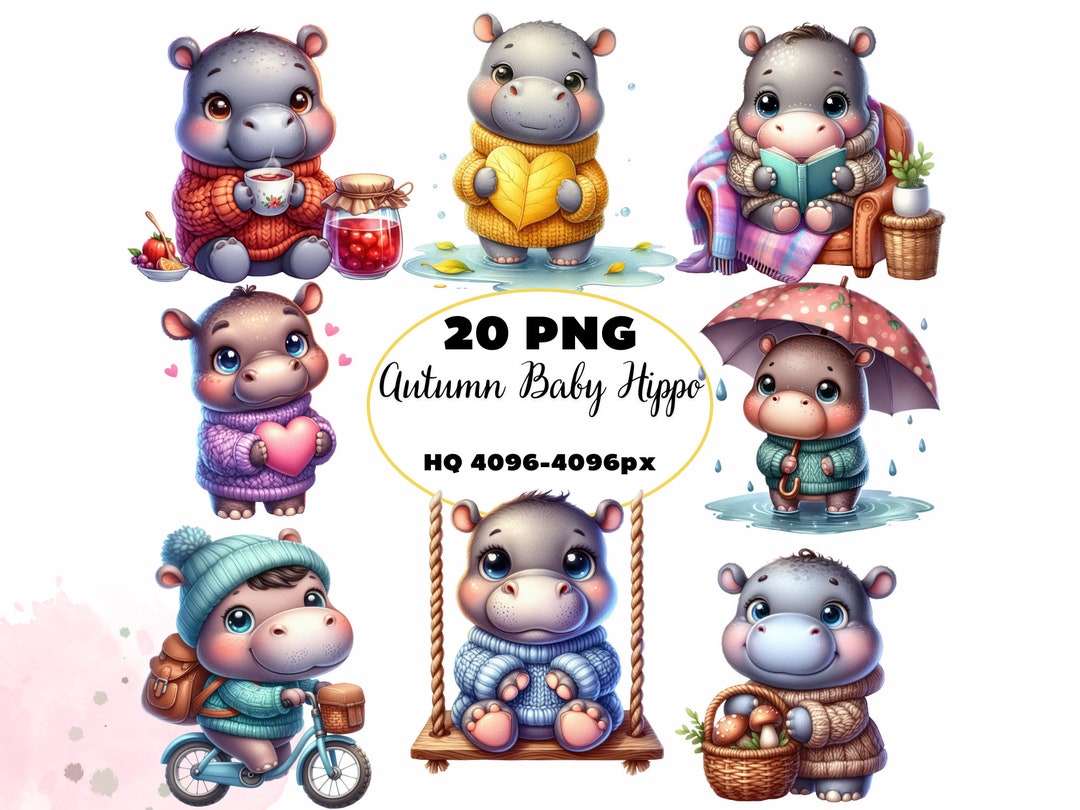 Watercolor Autumn Baby Hippo Clipart 20 PNG, Baby Animals Clipart, Wall ...
