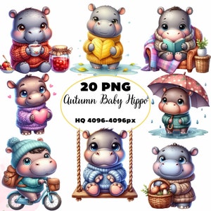 Watercolor Autumn Baby Hippo Clipart 20 PNG, Baby Animals Clipart, Wall ...