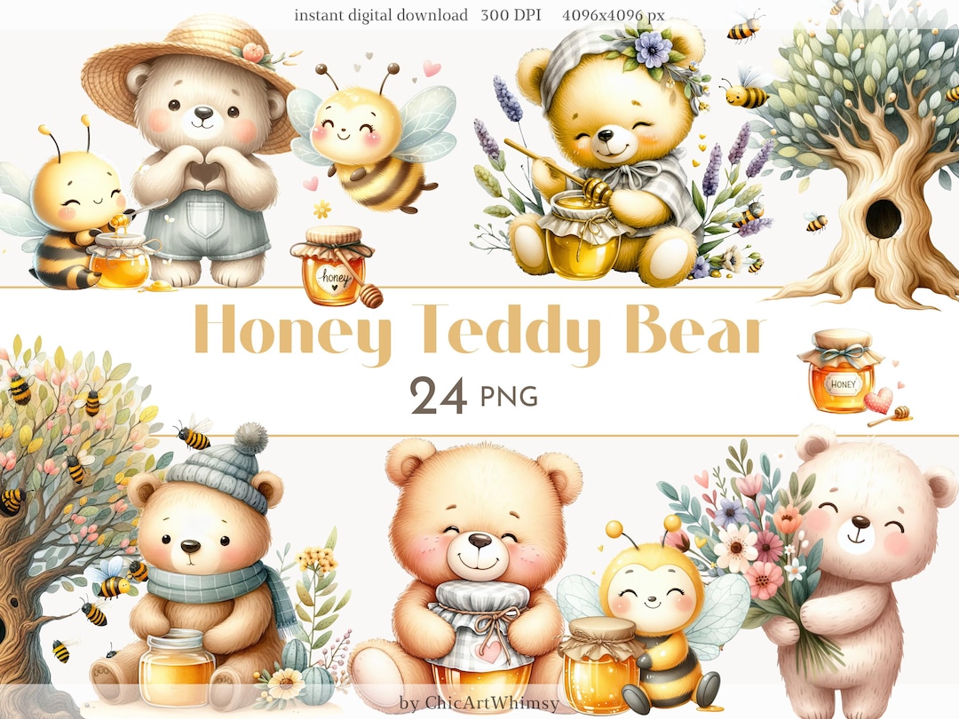 Watercolor Honey Teddy Bear 24 PNG Clipart Bundle, Cute Bumblebee PNG ...