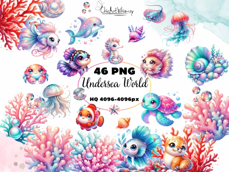 Bundle Watercolor Undersea World 46 PNG Clipart , Cute Ocean Animals ...