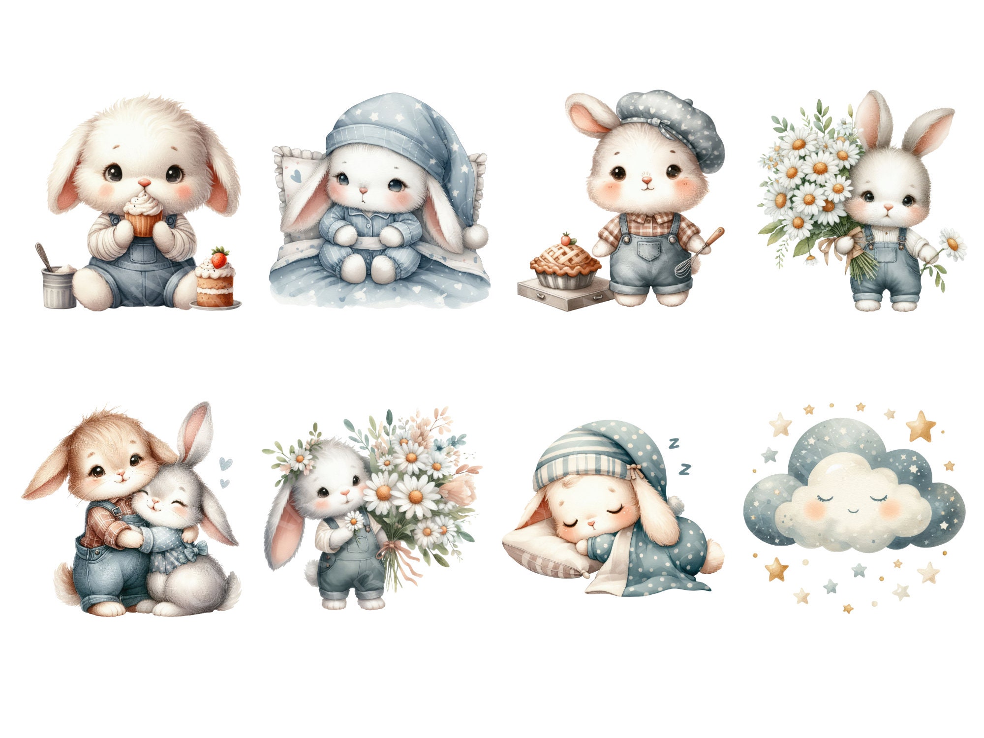 Watercolor Boho Baby Bunny Clipart 21 PNG, Baby Animals, Boho Animals ...