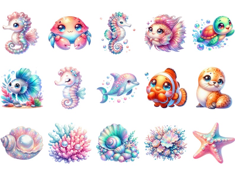 Bundle Watercolor Undersea World 46 PNG Clipart , Cute Ocean Animals ...
